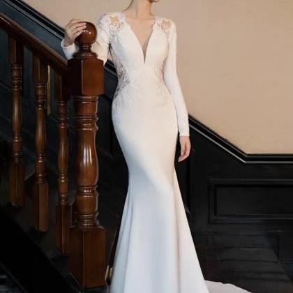 V-neck Prom Dress,satin Evening Dress,white Wedding Dress,long Sleeve ...