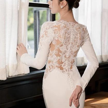 V-neck Prom Dress,satin Evening Dress,white Wedding Dress,long Sleeve ...