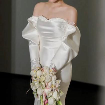 Strapless Light Wedding Dress, Simple Small Train Dress, Off Shoulder ...