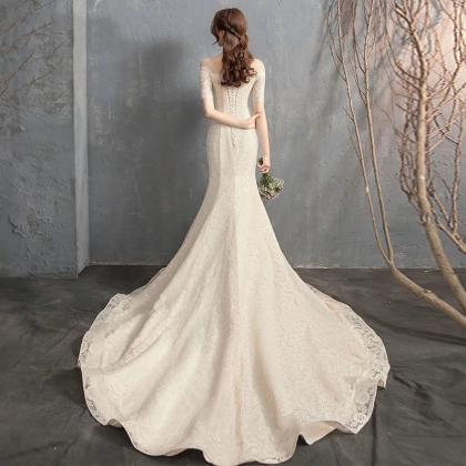 Elegant Off-shoulder Lace Mermaid Bridal Gown With Train on Luulla