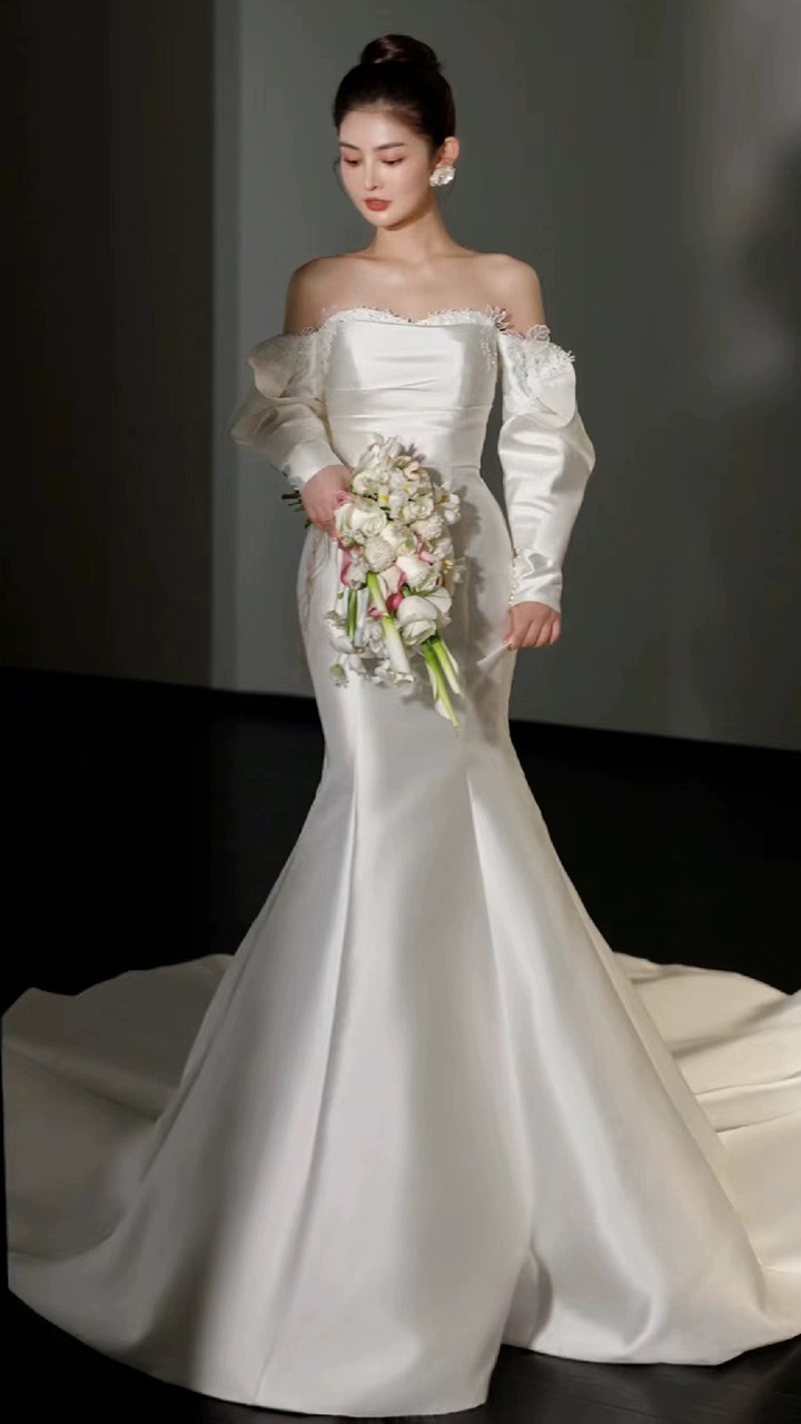 Strapless Light Wedding Dress, Simple Small Train Dress, Off Shoulder ...