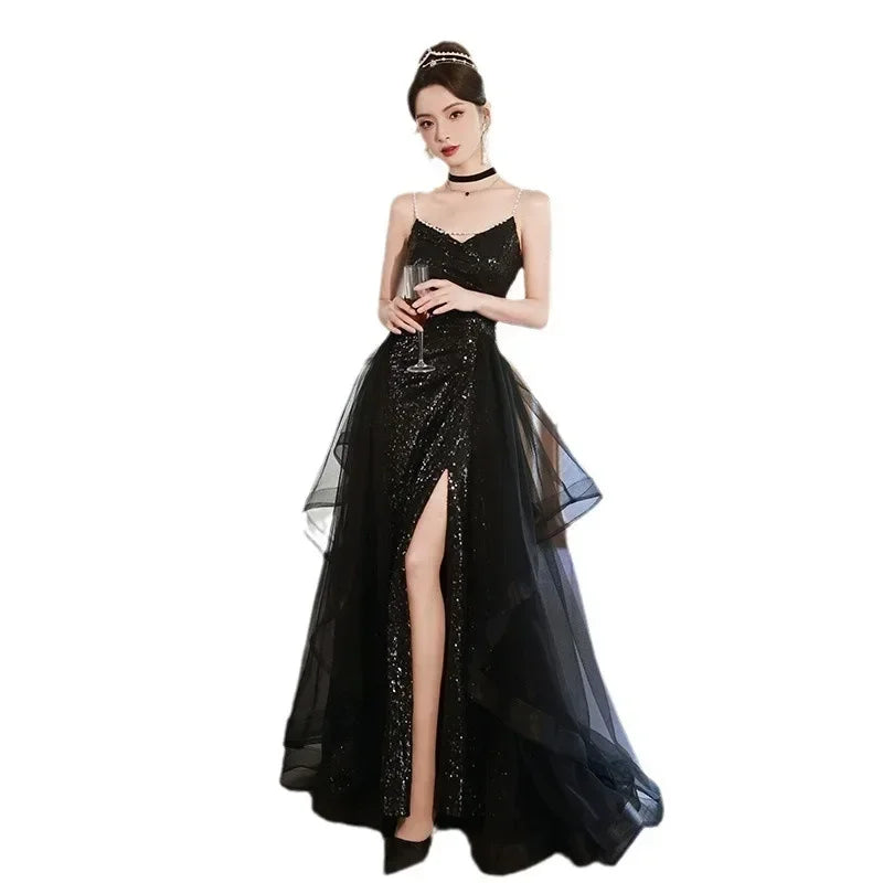 Elegant Black Sequin Evening Gown With Sheer Overlay on Luulla