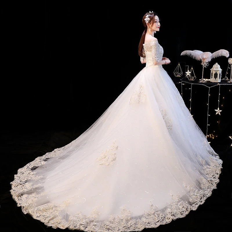 Elegant Off-shoulder Lace Applique Bridal Ball Gown on Luulla