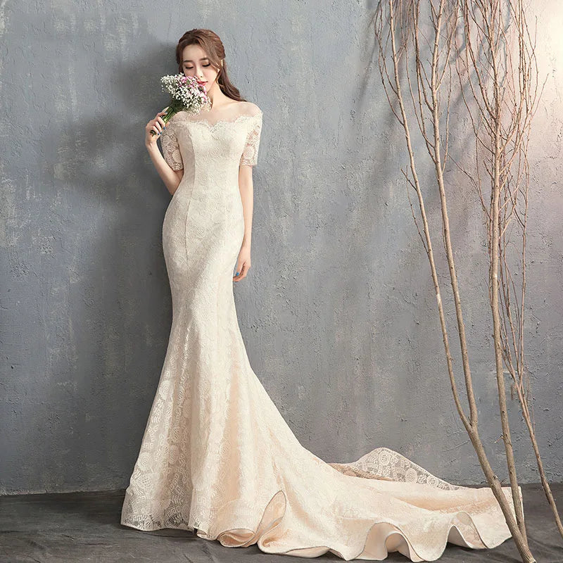 Elegant Off-shoulder Lace Mermaid Bridal Gown With Train on Luulla