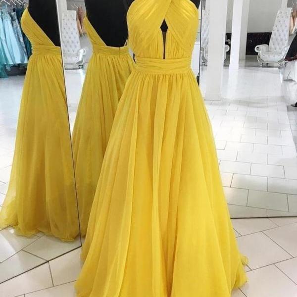 Backless Yellow Chiffon Long Prom Dresses, Open Back Yellow Formal ...