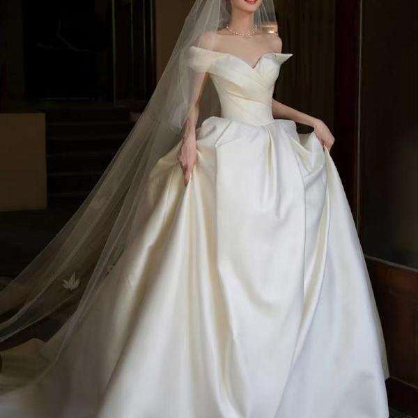 Satin Wedding Dress , Long Sleeve Wedding Dress, Senior Texture Off ...