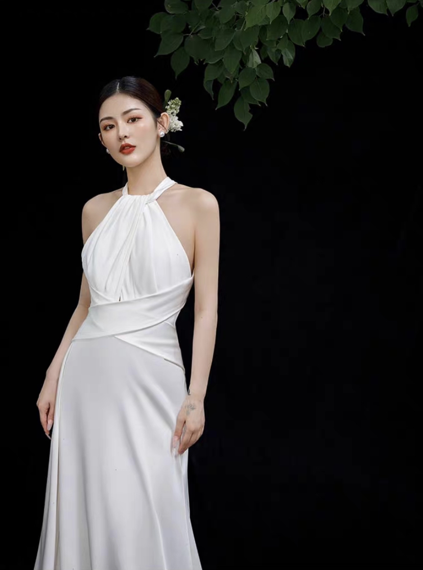 Halter Neck Evening Dress,white Prom Dress, Satin Wedding Dress ...