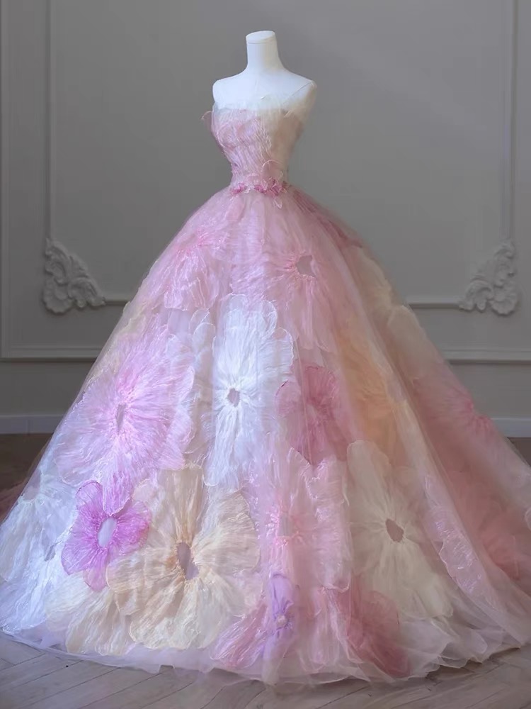 Pink Prom Dress, Floral Princess Dress, Strapless Wedding Dress, Luxury ...