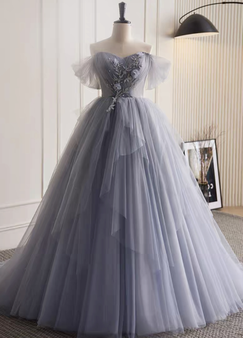 Off Shoulder Bridal Gown, Gray Blue Wedding Dress, Fairy Quinceanera ...