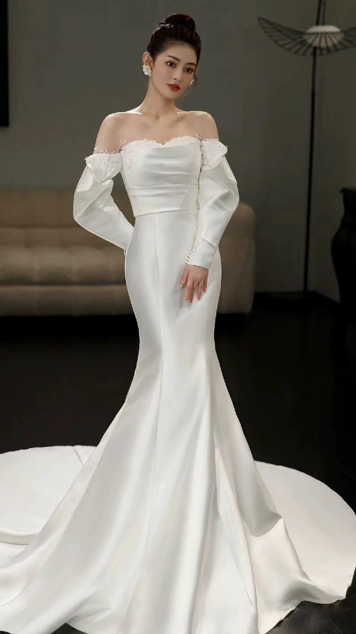 Strapless Light Wedding Dress, Simple Small Train Dress, Off Shoulder ...