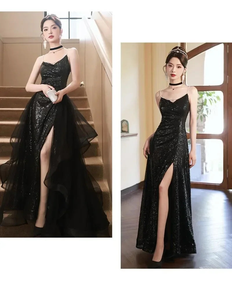Elegant Black Sequin Evening Gown With Sheer Overlay on Luulla