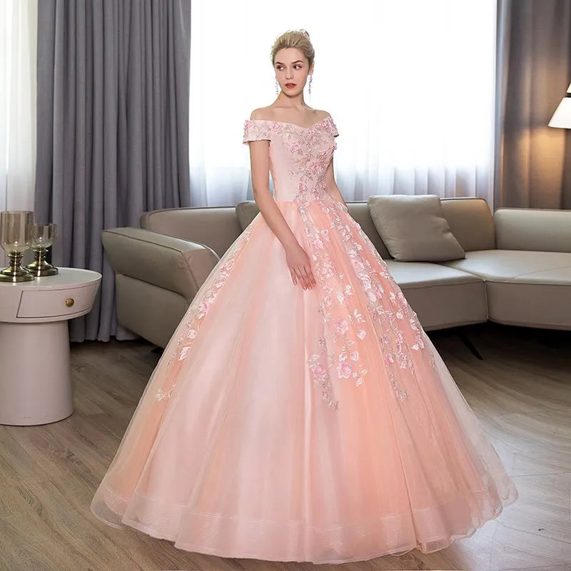 Elegant Off-shoulder Pink Gown With Floral Embroidery on Luulla