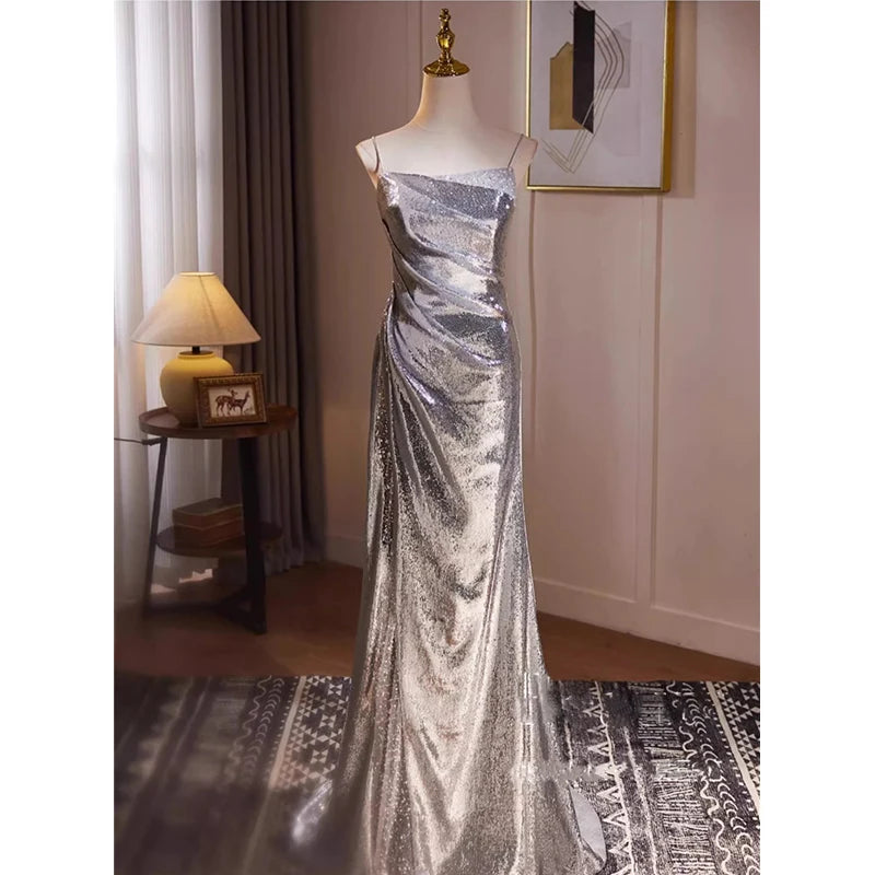 Elegant One-shoulder Silver Sequined Evening Gown Dress on Luulla