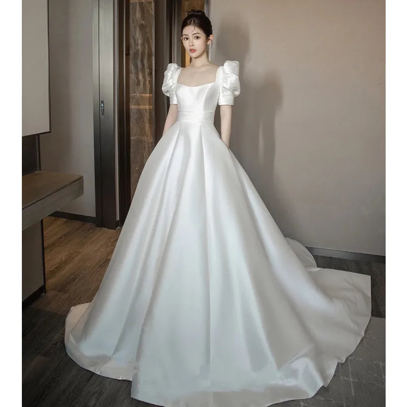 Elegant Satin Square Neckline Puff Sleeve Bridal Gown on Luulla