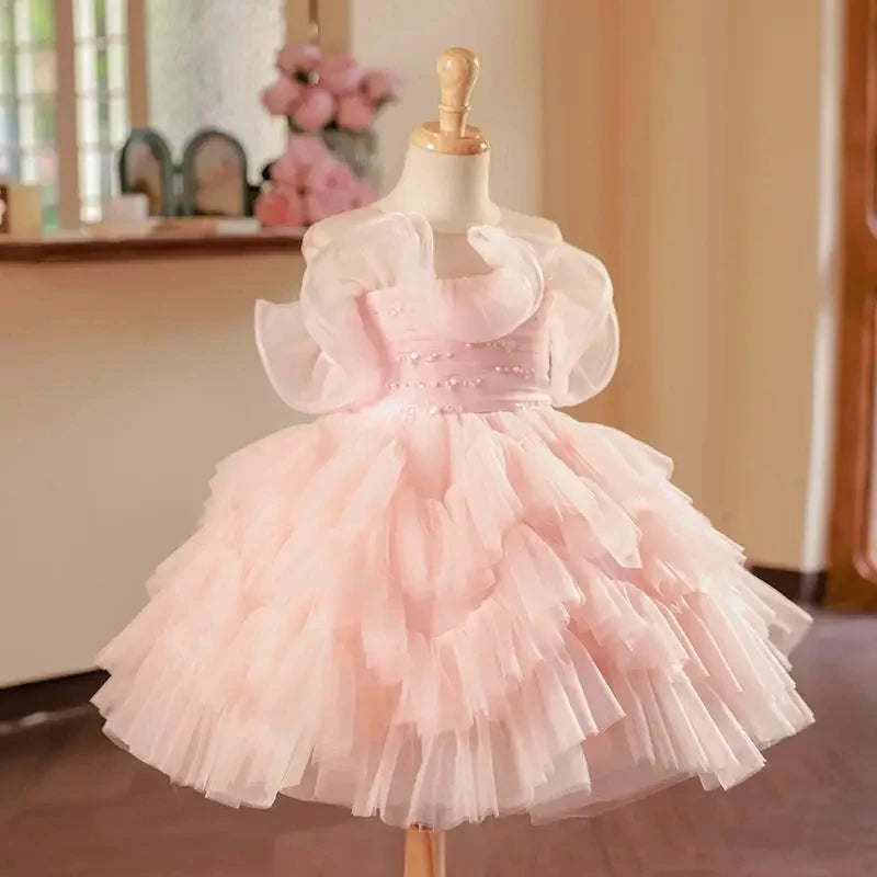 Elegant Pink Layered Ruffle Flower Girl Dress on Luulla