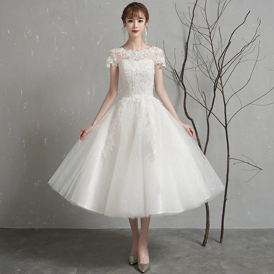 Lace Short-sleeve Tulle Tea-length Bridal Dress on Luulla