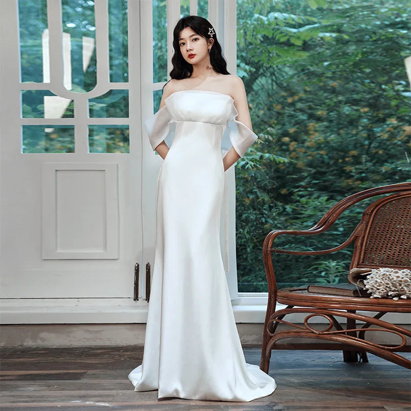 Off-shoulder White Satin Long Evening Gown on Luulla