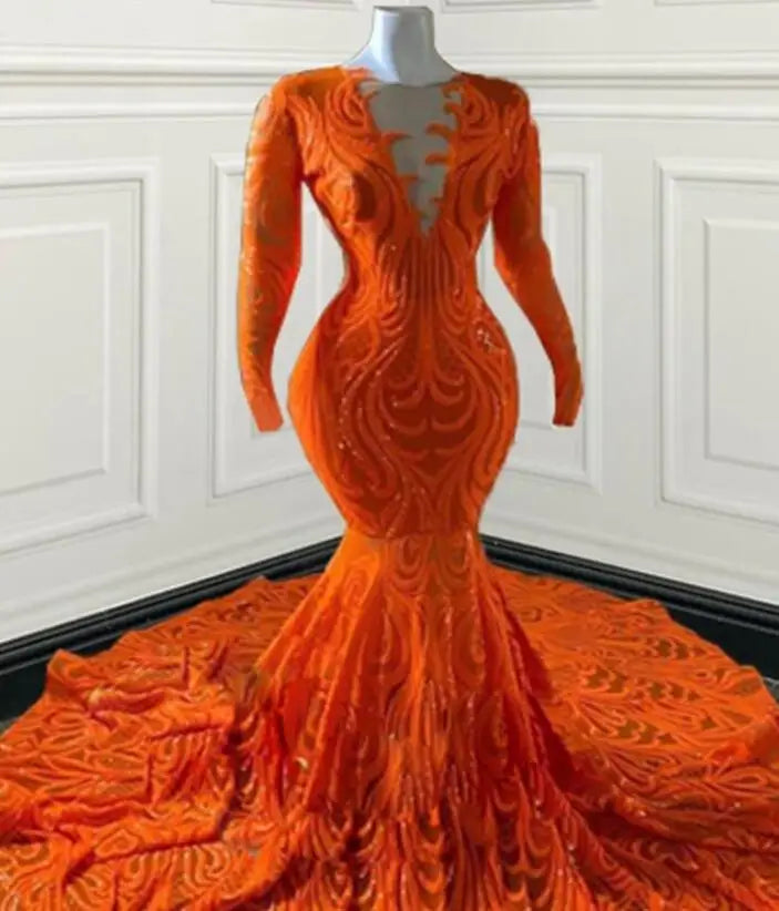 Orange South African Prom Dresses Mermaid Long Sleeves Sequins Black ...
