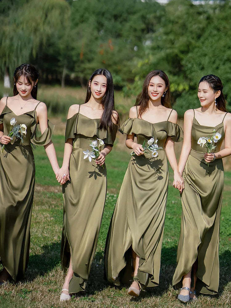 Green Satin Suspander Bridesmaid Dress Women A-line Off Shoulder Slit ...