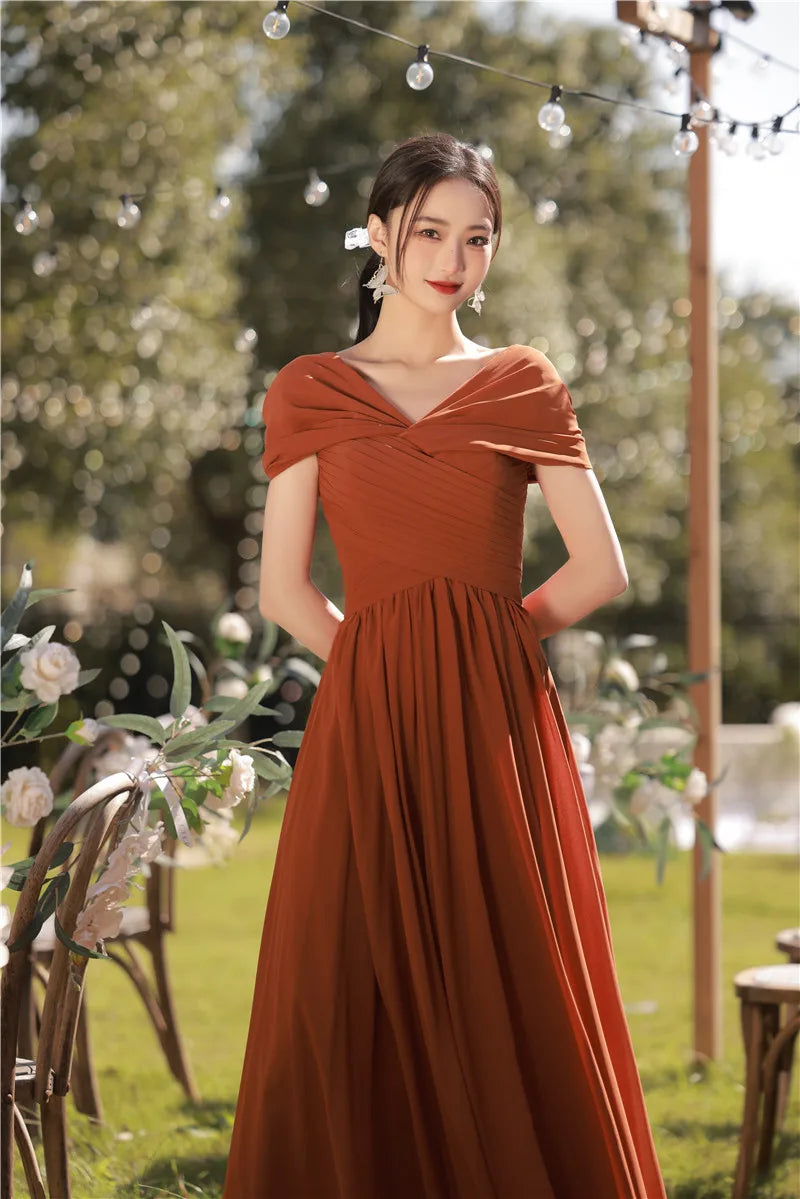 Rust Off-shoulder Pleated Evening Gown Dress on Luulla