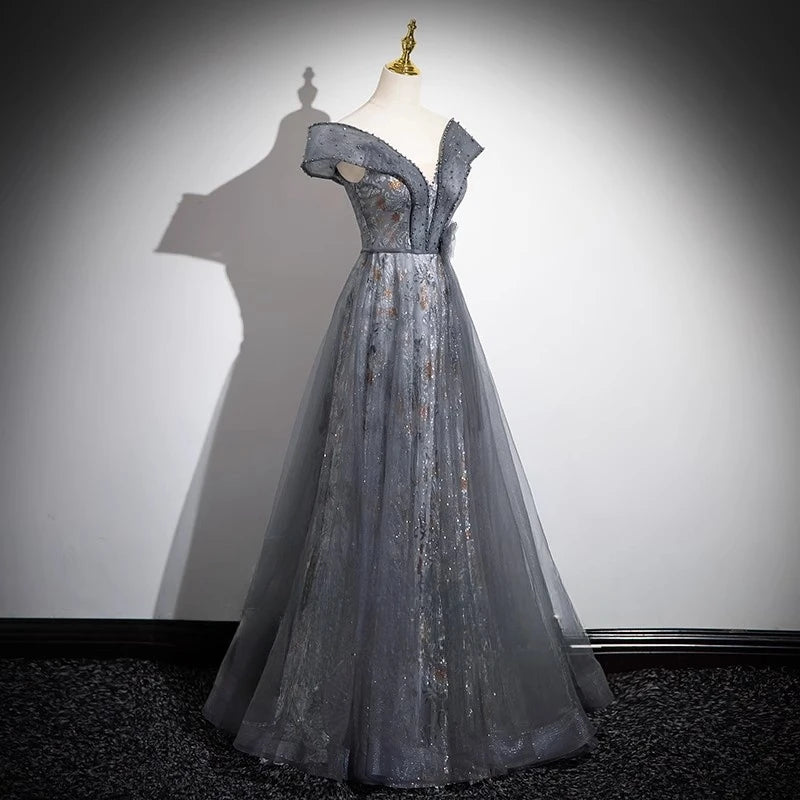 Off-shoulder Silver Gown With Sparkling Details on Luulla