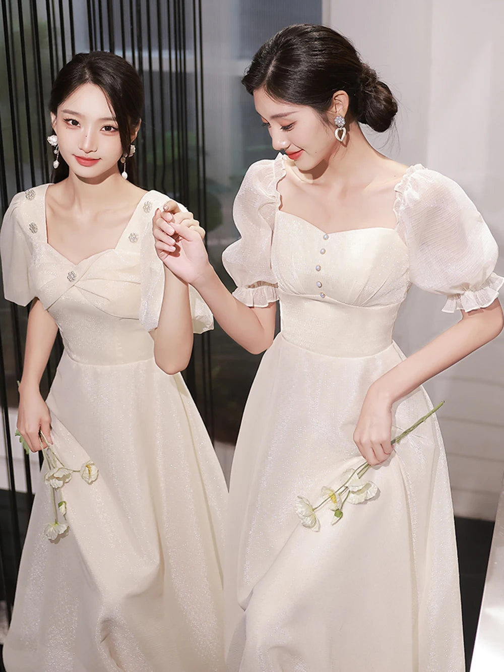 Chiffon Puff Sleeve Buttoned A-line Midi Dress on Luulla