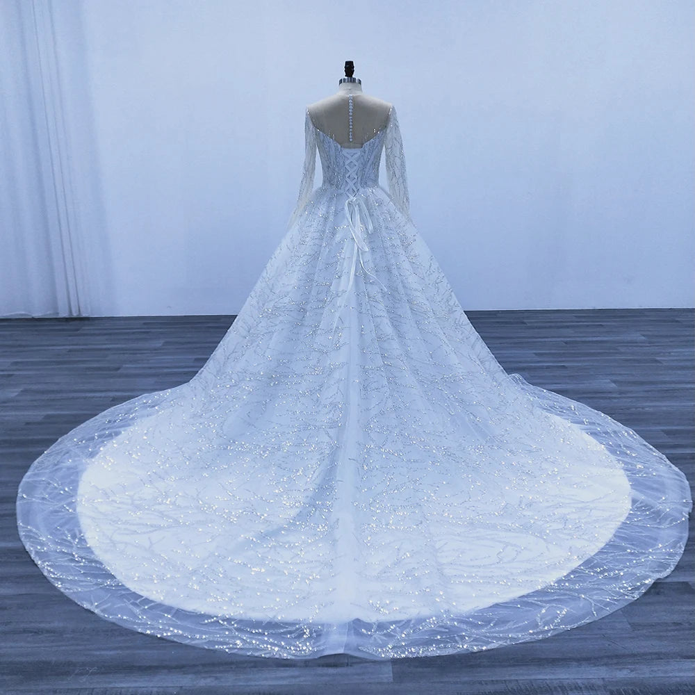 Sparkling Long-sleeve Lace Wedding Gown With Train on Luulla