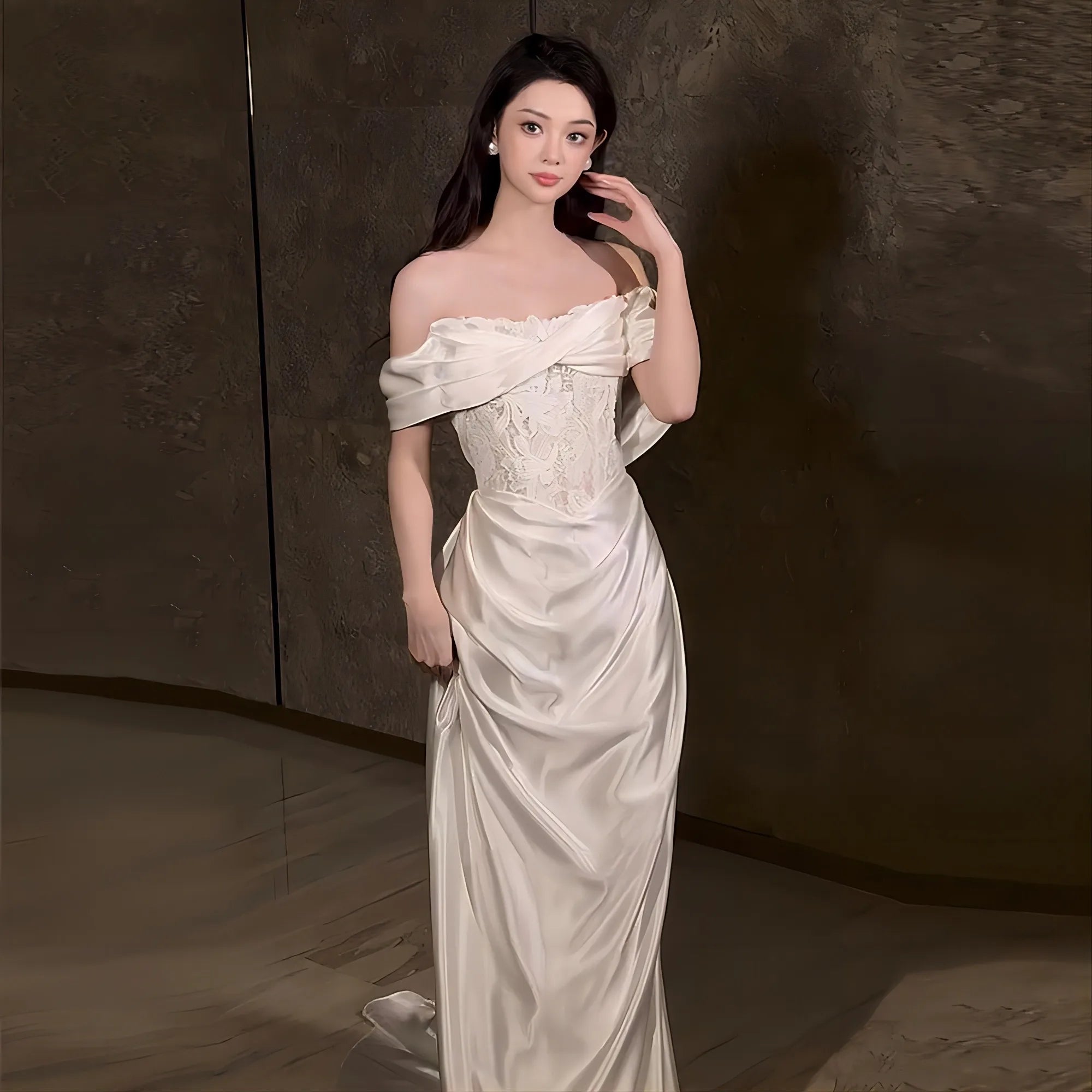 Simple Lustrous Satin Wedding Dresses 2025 Sleek Off The Shoulder ...